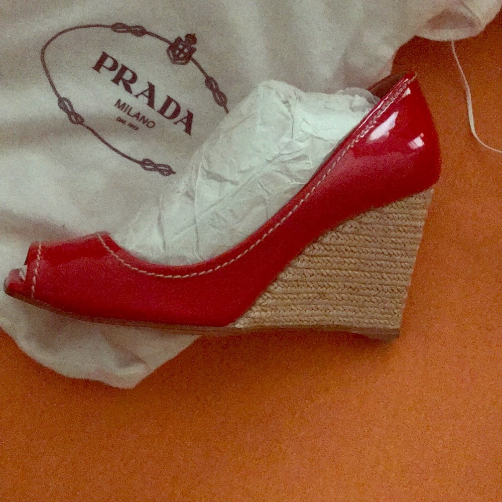 Authentic Prada Red Patent Peep Toe Espadrille - Gem